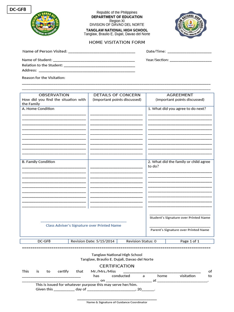 GF8 - Home Visitation Form | PDF