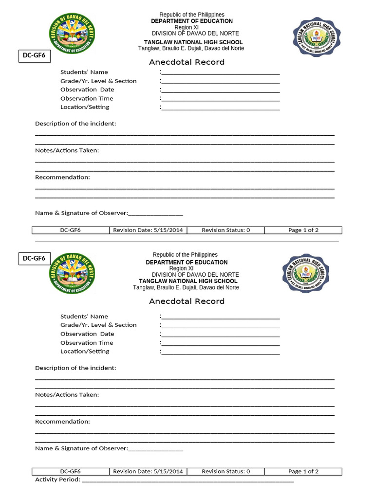 GF6 - Anecdotal Record Form | PDF | Communication | Human Communication