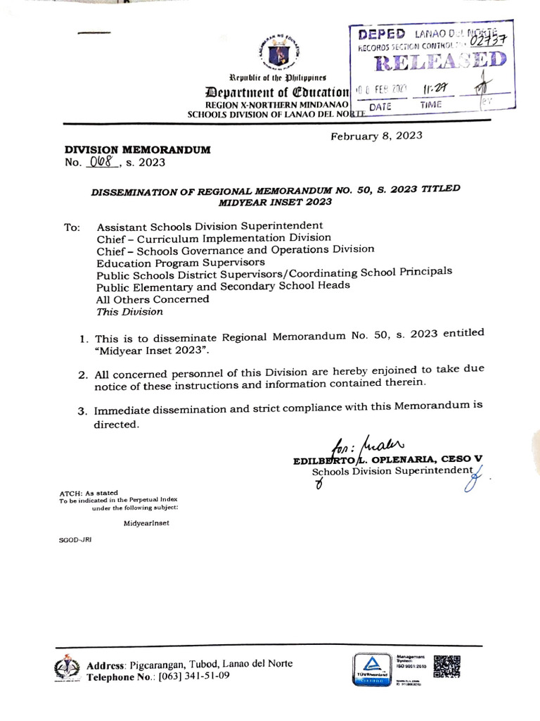 Dissemination of RM No 50, S 2023 Titled Midyear Inset 2023 | PDF ...
