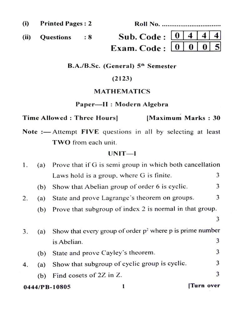 BA BSC General 5th Sem Mathematics Paper II Modern Algebra December ...