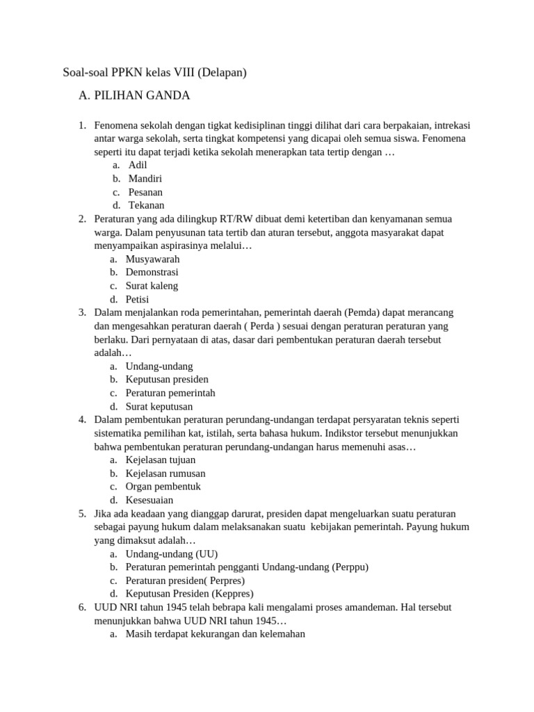 Soal PPKN Kelas VIII (Delapan) | PDF