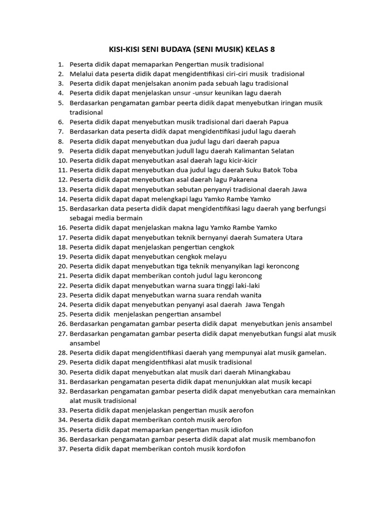 Kisi-Kisi Seni Budaya Kelas 8 (Untuk Siswa) | PDF