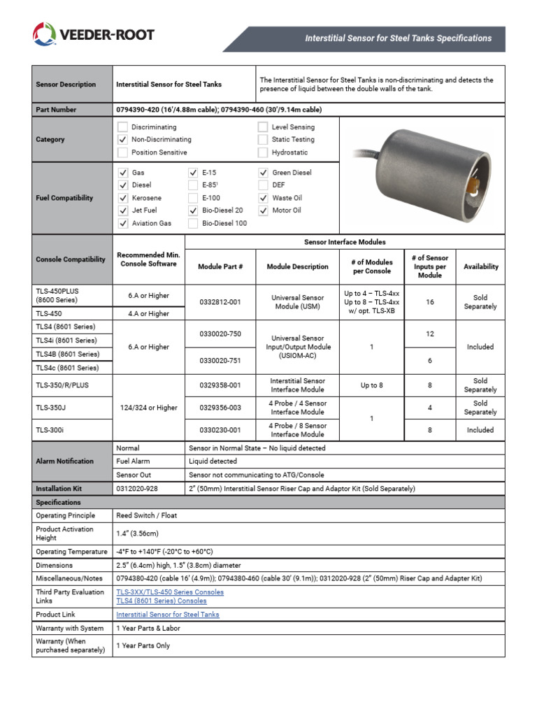 VEEDER-ROOT-Sensor-0794390-420 (460) - Spec | PDF | Biodiesel | Diesel Fuel