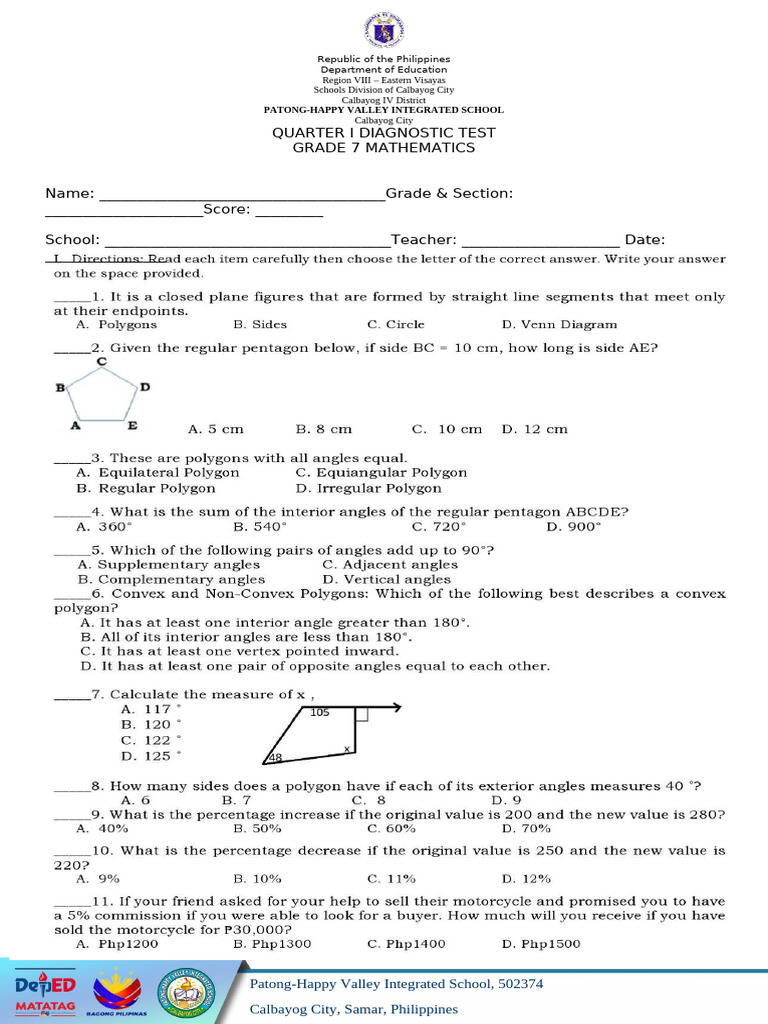 Grade 7 Math Diagnostic Test - Patong-Happy Valley | PDF