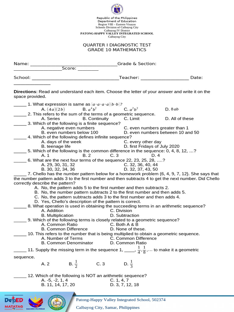 Diagnostic Test - Mathematics 10 v2 | PDF | Polynomial | Arithmetic