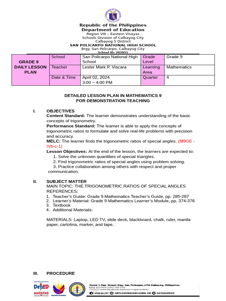 DLP Final Demo REVISED Trigonometric Ratios of Special Angles 1 | PDF | Trigonometric Functions ...