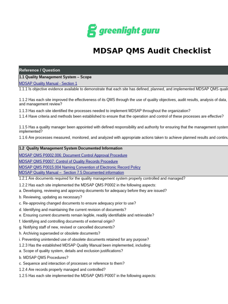 MDSAP Audit Checklist (FDA) | PDF | Quality Management System | Audit