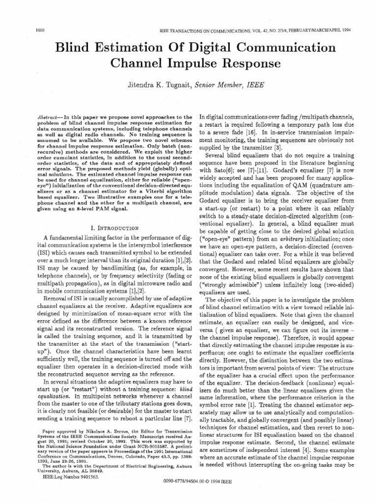 (Paper) Blind Estimation of Digital Communication Channel Impulse Response | PDF