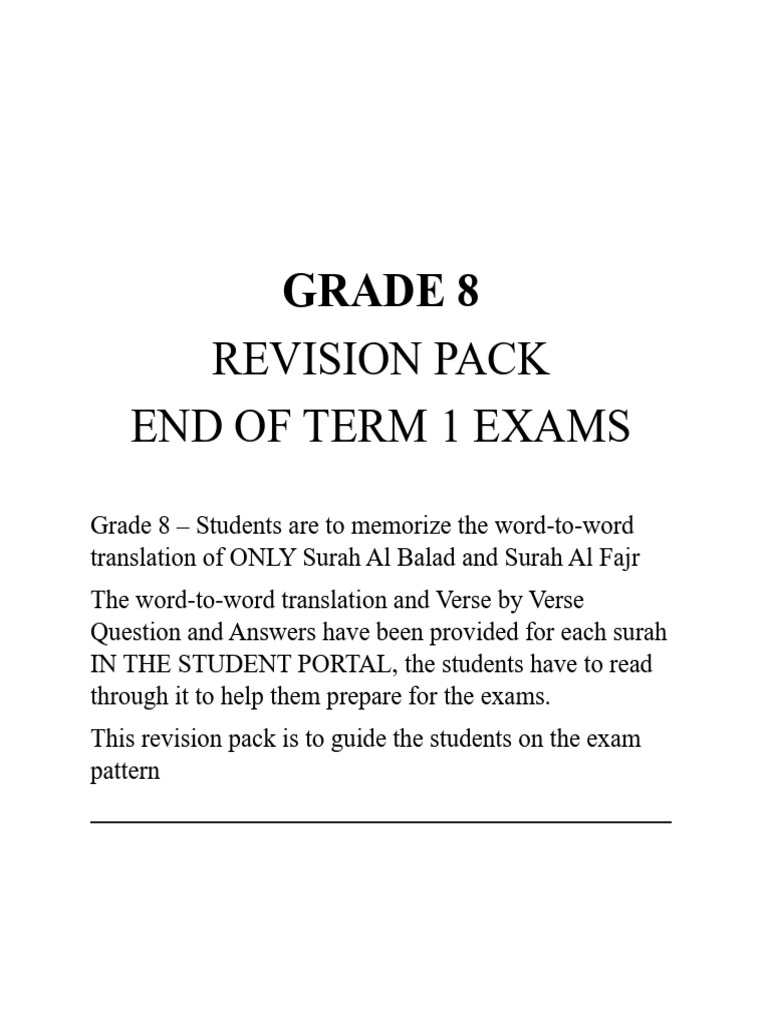 Grade 8 Revision Pack Term 1 Exams | PDF
