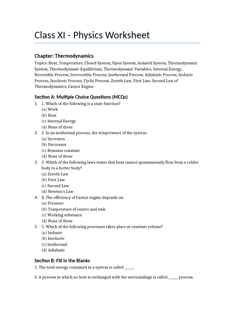 NIOS XI Physics Thermodynamics - Worksheet | PDF | Thermodynamics | Heat