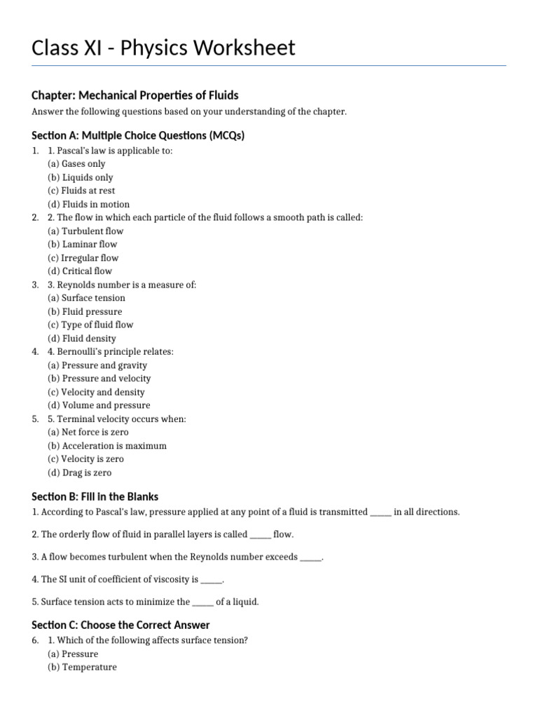 NIOS XI Physics Mechanical Properties of Fluids Worksheet | PDF | Fluid ...