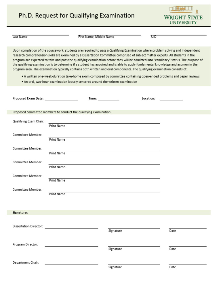 Request For Qualifying Exam Form | PDF