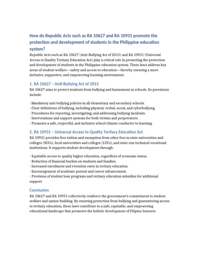 RA 10627 RA 10931 Student Protection Development | PDF
