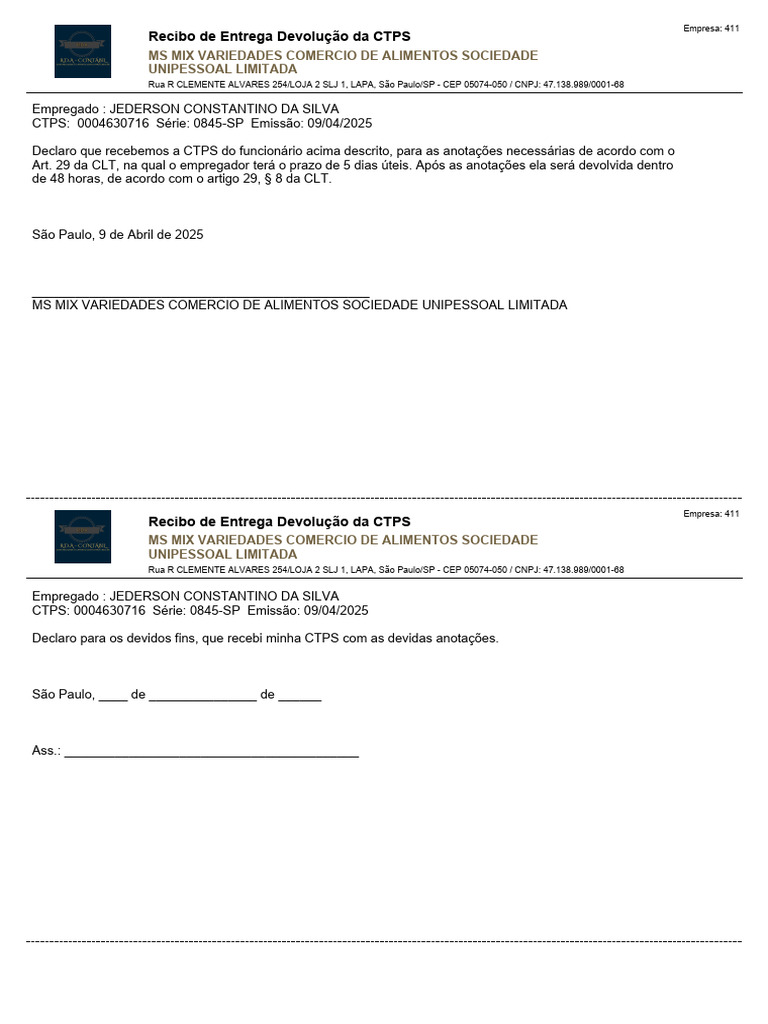 Recibo de Entrega Devolucao Da CTPS | PDF