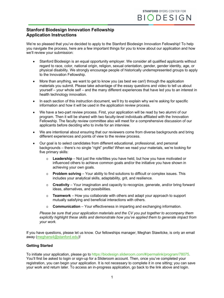 2025 26 Stanford Biodesign Innovation Fellowship Application | PDF ...