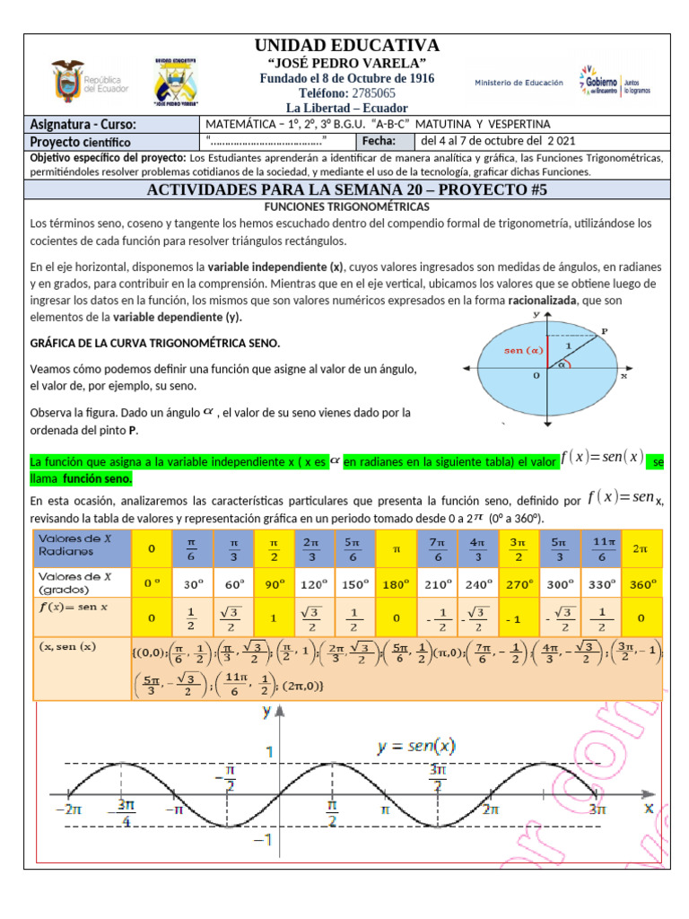 AGENDA - MATE - 1, 2, y 3° BGU - PROY 5 - SEM 20 | PDF | Trigonometría | Funciones trigonométricas