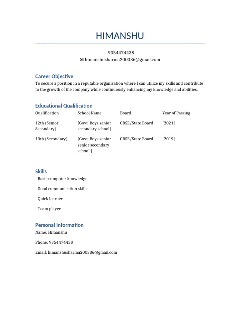 Himanshu's Resume and Career Objective | PDF