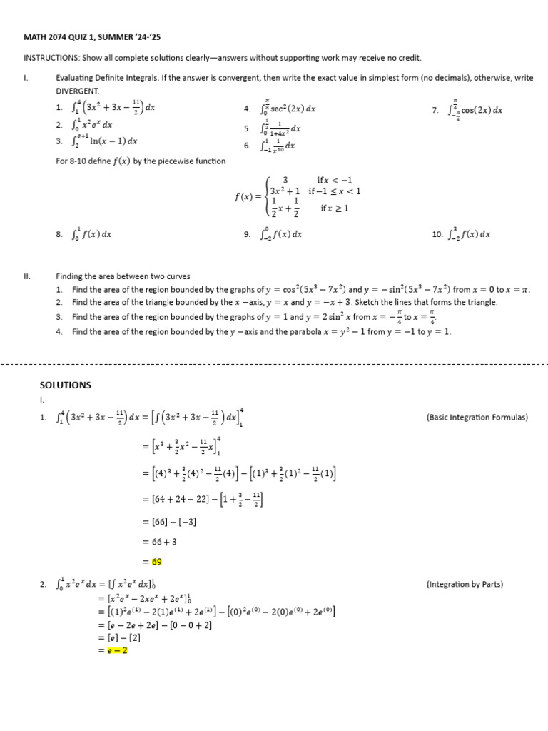 Solutions Math 2074 Quiz 1 Summer2425 | PDF | Mathematical Analysis ...