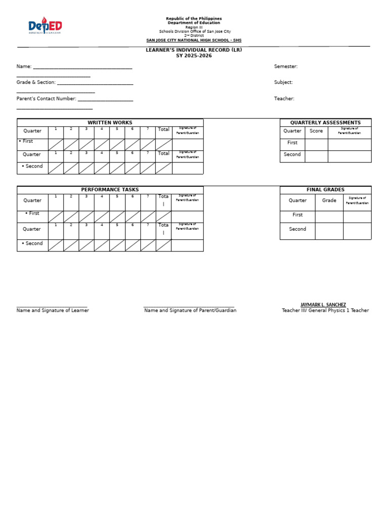 SHS Learner's Individual Record 2025-2026 | PDF | Social Institutions