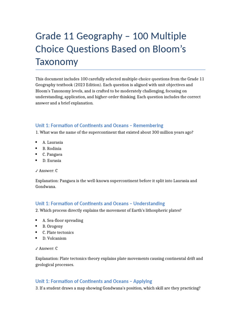 Grade11 Geography 100 MCQs | PDF