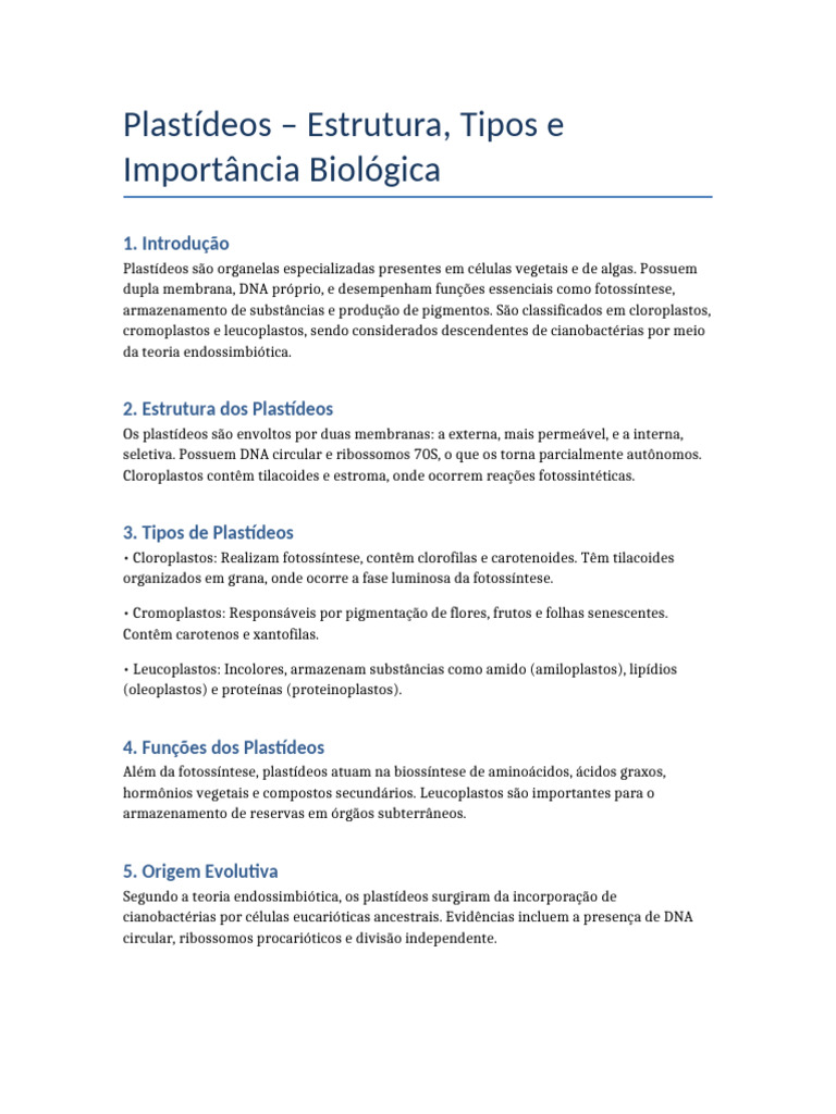 Plastídeos: Estrutura e Funções Essenciais | PDF