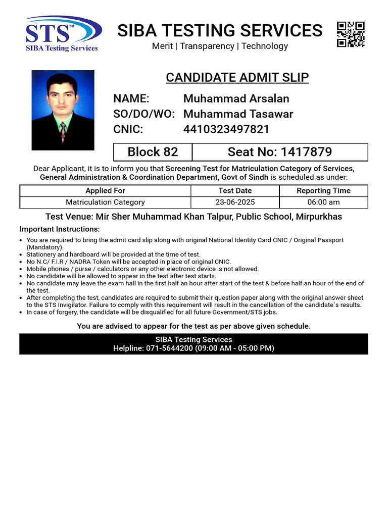 Siba Testing Services: Candidate Admit Slip | PDF