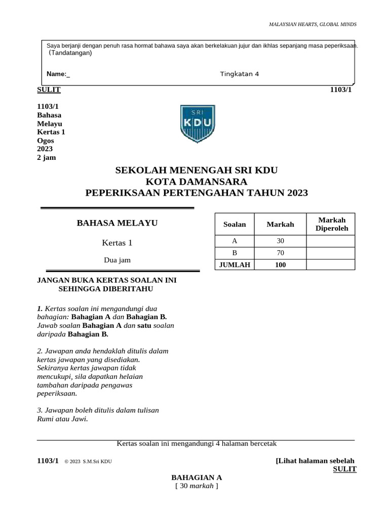 BM S4 MYE 2023 Paper 1 Soalan | PDF