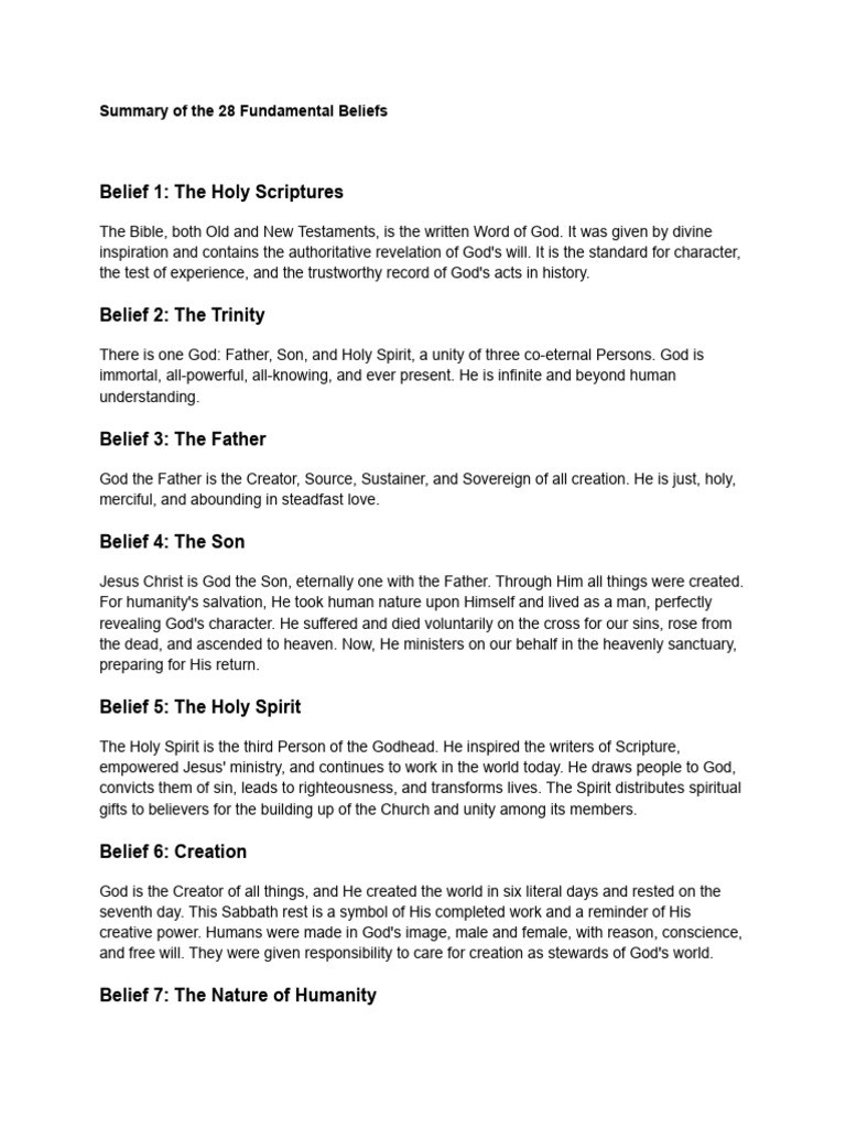 Summary of SDA 28 Fundamental Beliefs | PDF | Baptism | Jesus