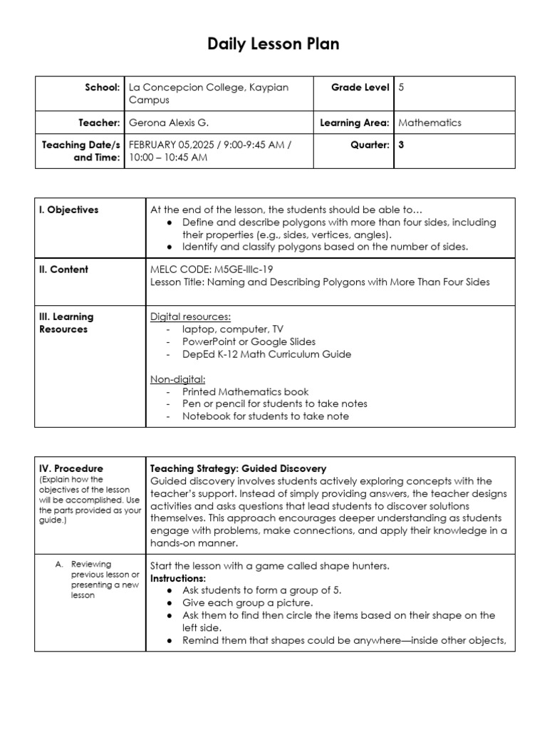 Polygons (Daily Lesson Plan) | PDF | Shape | Geometric Shapes