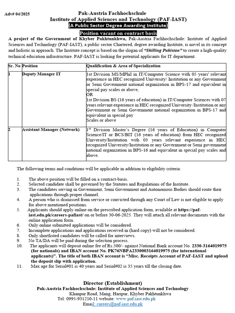 Advertisement For IT Officers PAFIAST | PDF