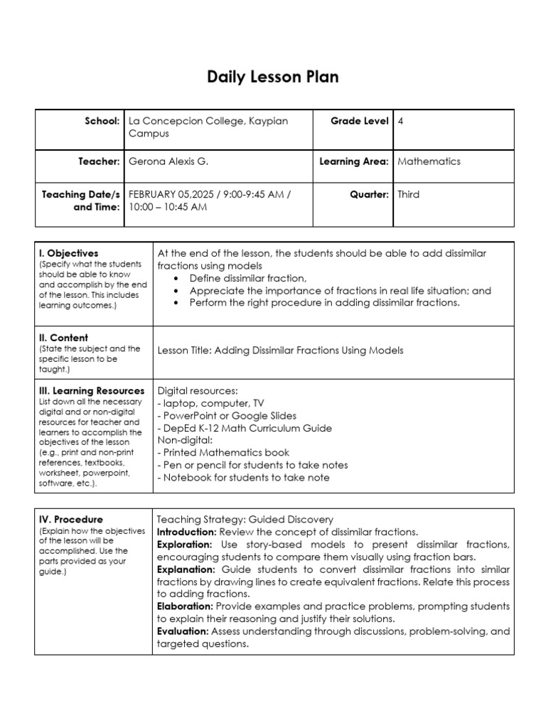 Adding Dissimilar Fractions Lesson Plan | PDF | Mathematics | Curriculum