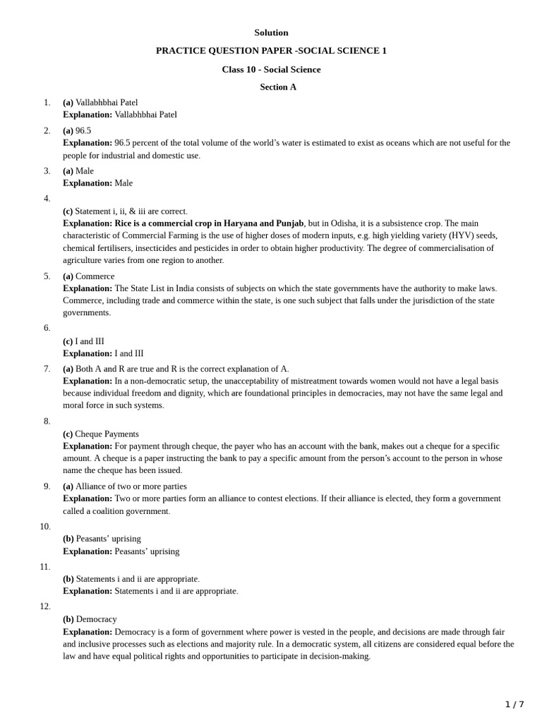 Class 10 Social Science Practice Paper | PDF | Agriculture