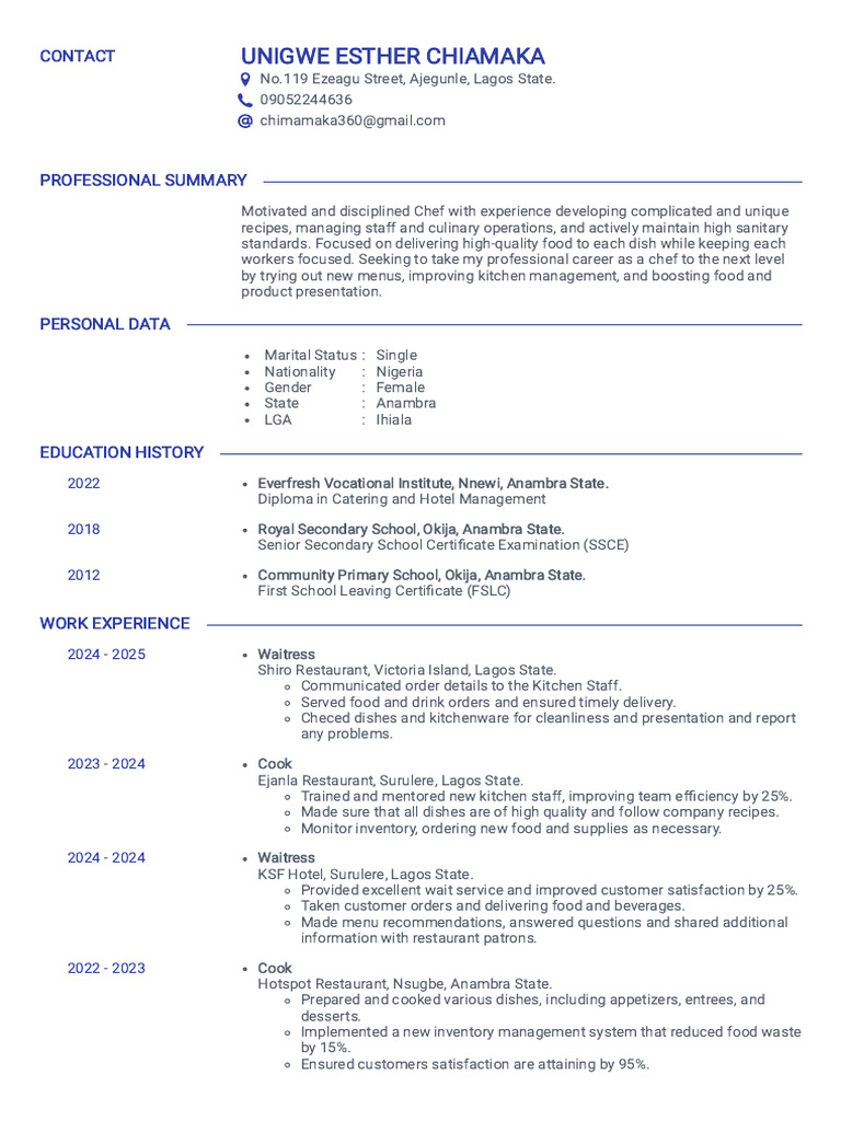 Unigwe Esther Chiamaka (CV) | PDF | Chef | Restaurants