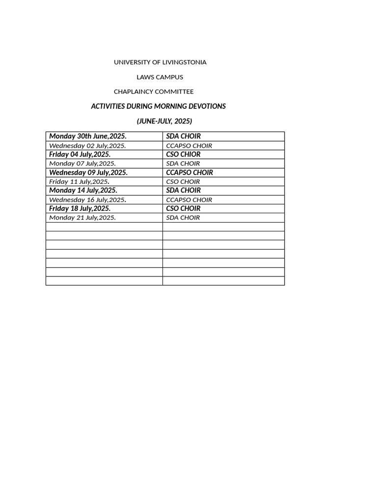 CCAPSO Choir Schedule for Devotions | PDF