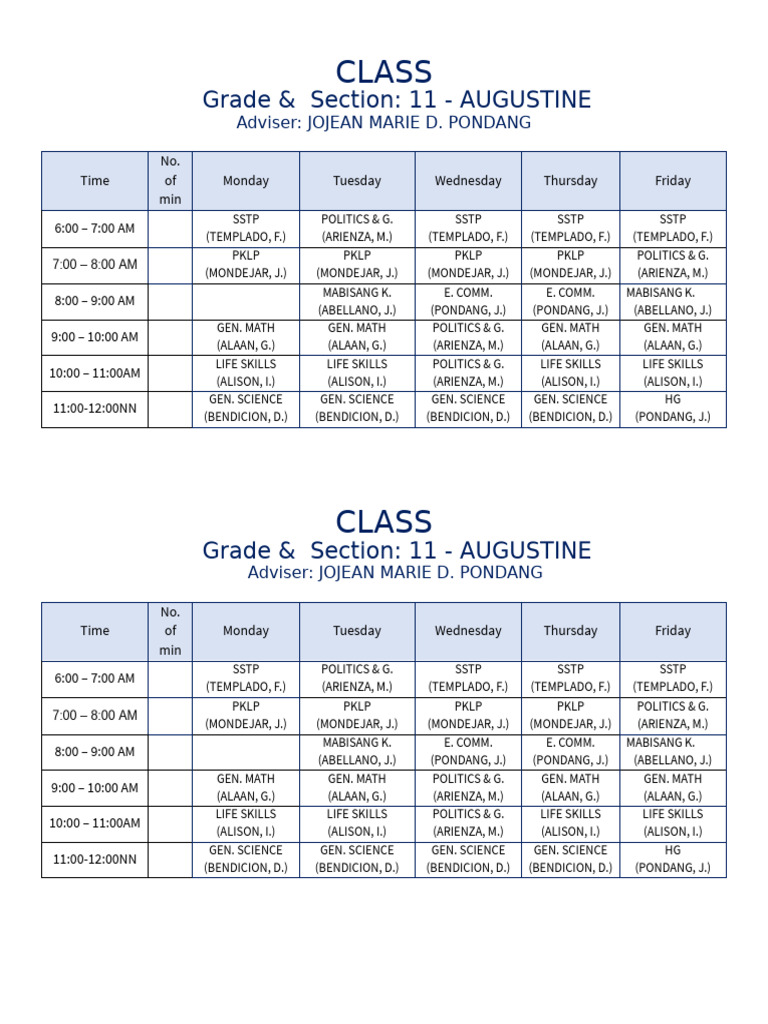 Class Program 11 Augustine First Sem | PDF