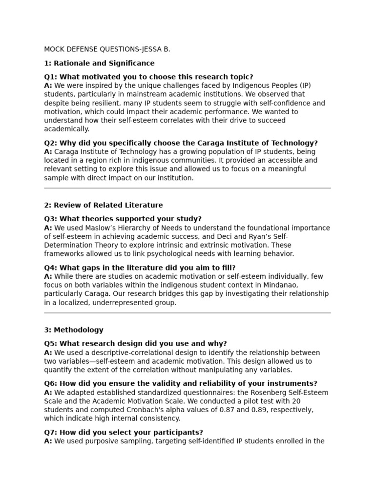 Mock Defense Questions Final - Jessa B. | PDF | Motivation | Motivational