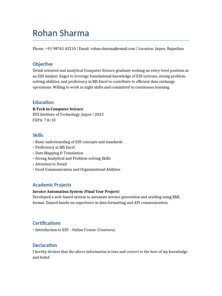 EDI Analyst Fresher Resume Rohan Sharma | PDF