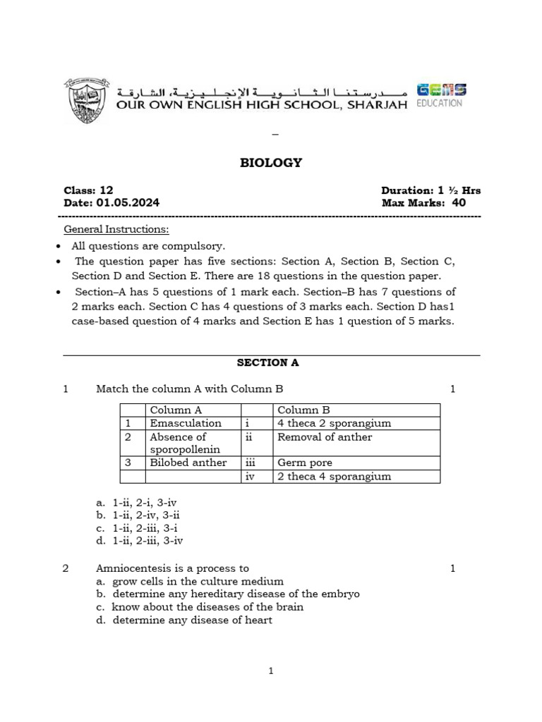 Biology Unit Test for Class 12 - April 2024 | PDF | Fertilisation ...