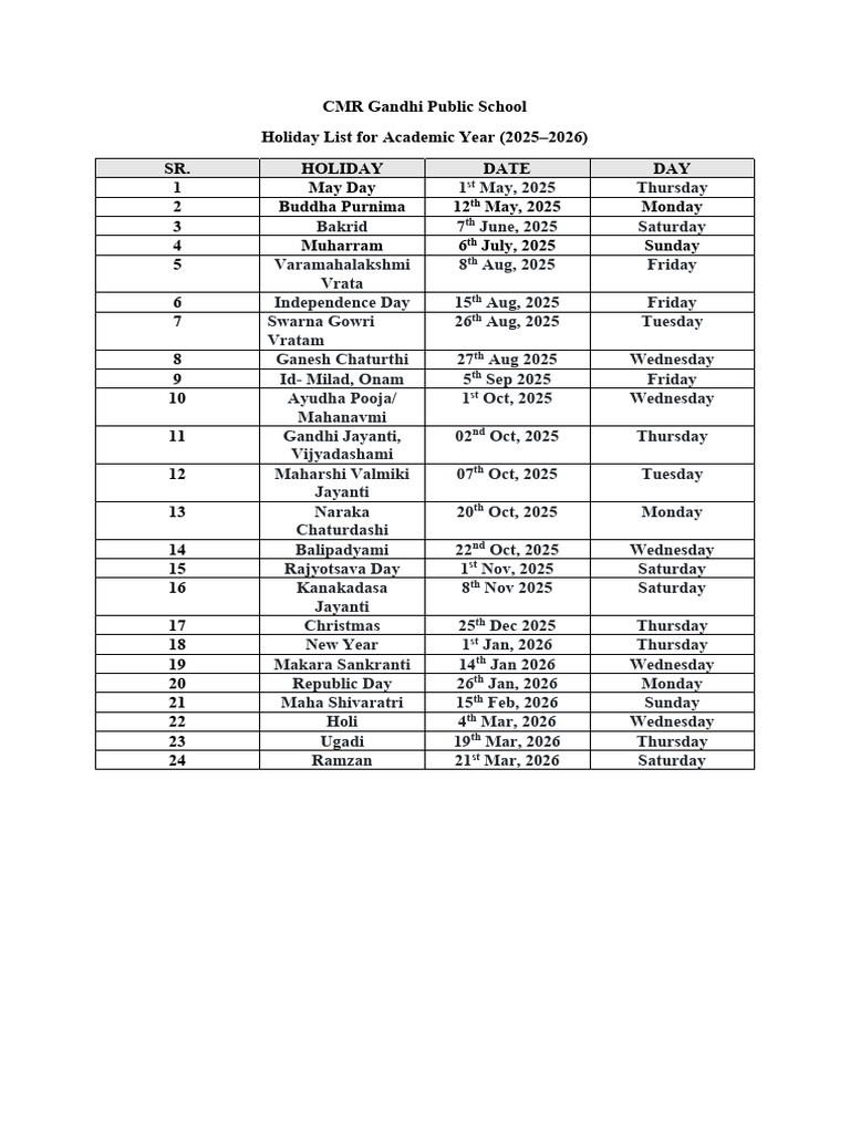 CMR School Holiday List 2025-2026 | PDF