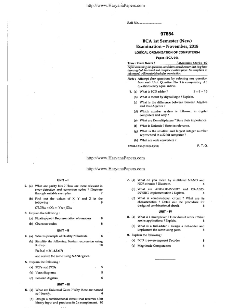 Bca 1 Sem Logical Organization of Computers 1 97664 Nov 2018 | PDF