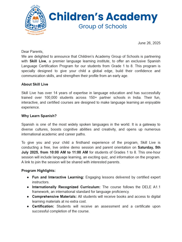 Introduction of Extra-Curricular Spanish Language Program With Skill Live | PDF | Learning ...