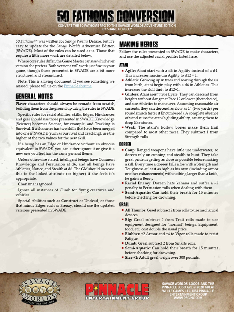 Convert 50 Fathoms to SWADE Rules | PDF