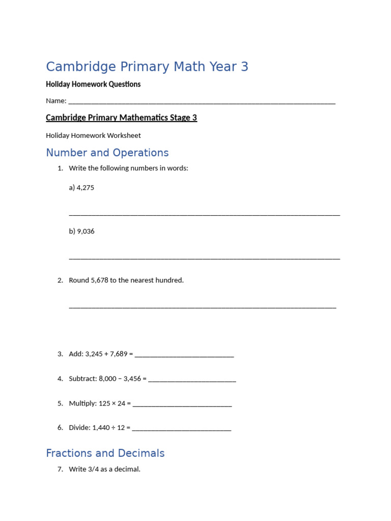 Cambridge Primary Math Year 3 Worksheet | PDF | Elementary Mathematics ...