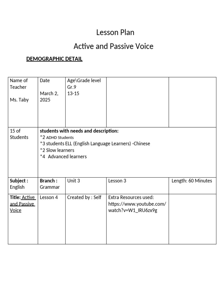 Lesson Plan Active and Passive | PDF | Subject (Grammar) | Cognitive Science