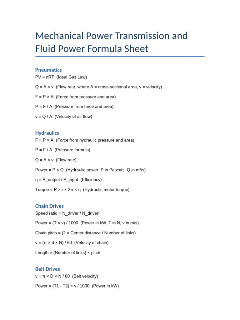 Mechanical Power Transmission Formulas | PDF