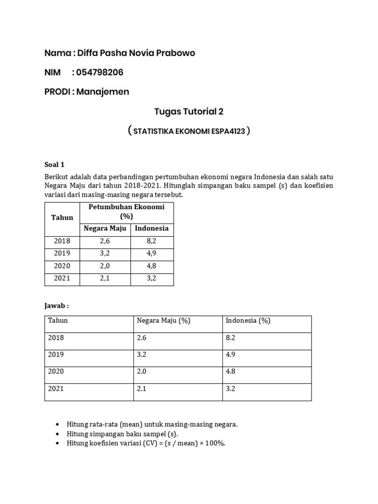 Tugas Tutorial 2 - Statistika Ekonomi - Diffa Pasha Novia Prabowo - 054798206 | PDF