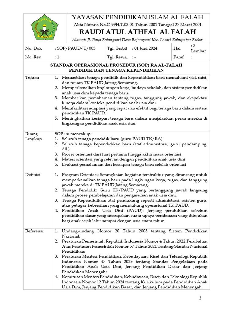 SOP Pembelajaran PAUD 2024 | PDF