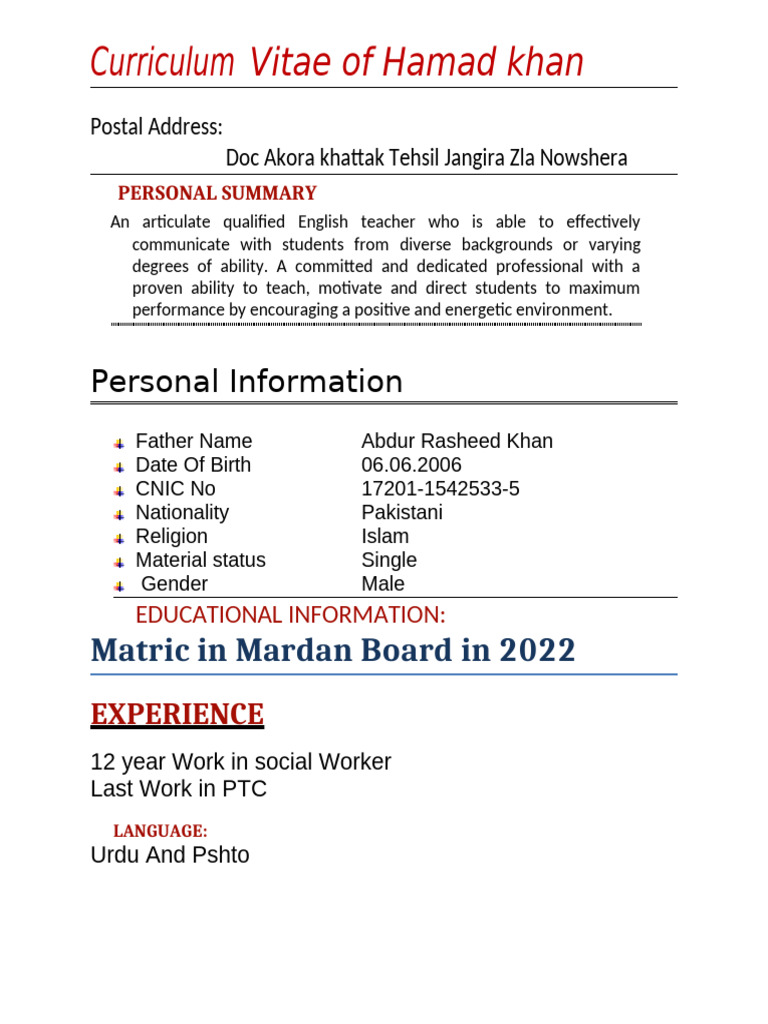 Curriculum Vitae of Hamad Khan | PDF