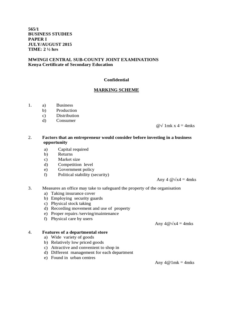 Business Studies Paper 1 Marking Scheme 2015 Mwingi Central Sub-County Final | PDF | Insurance ...