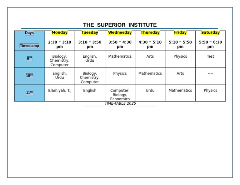 The Superior Institute Time Table | PDF